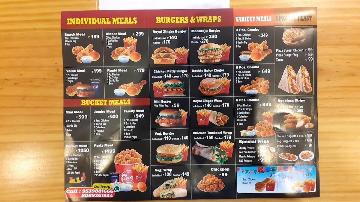 Menu at Henney’s Fried Chicken, Mannar