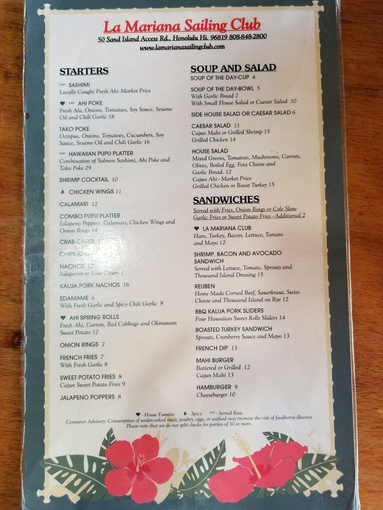 Menu at La Mariana Sailing Club, Honolulu, 50 Sand Island Access Rd