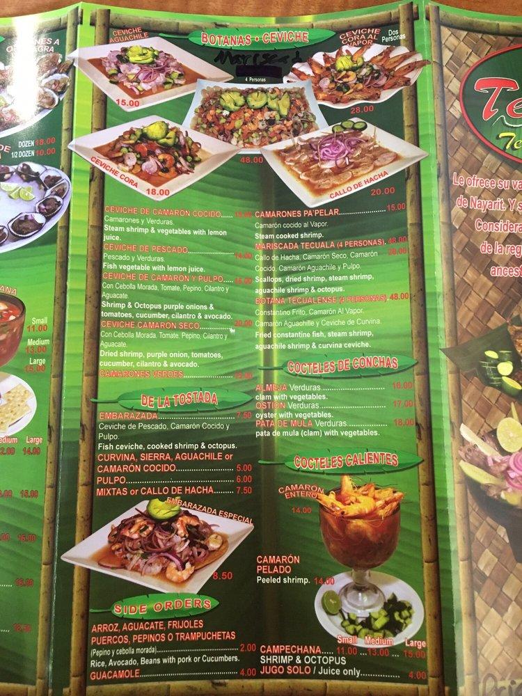 Menu at Mariscos Tecuala restaurant, Perris