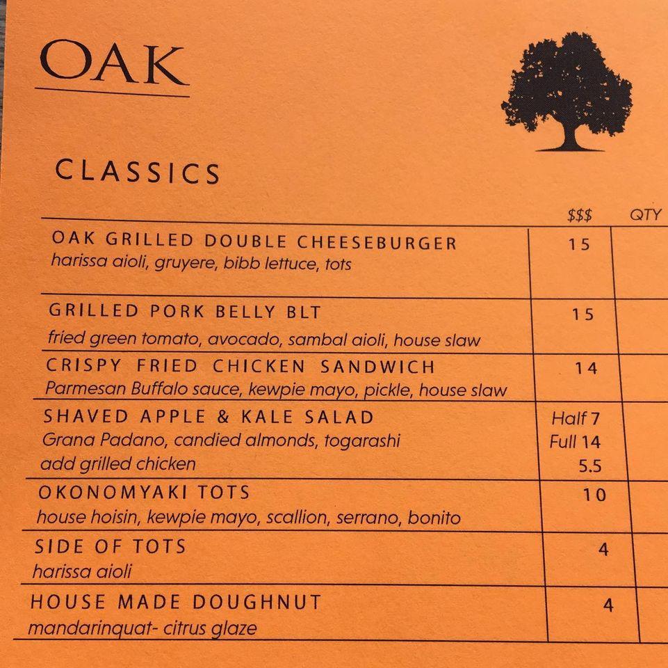Menu at Oak restaurant, Boulder