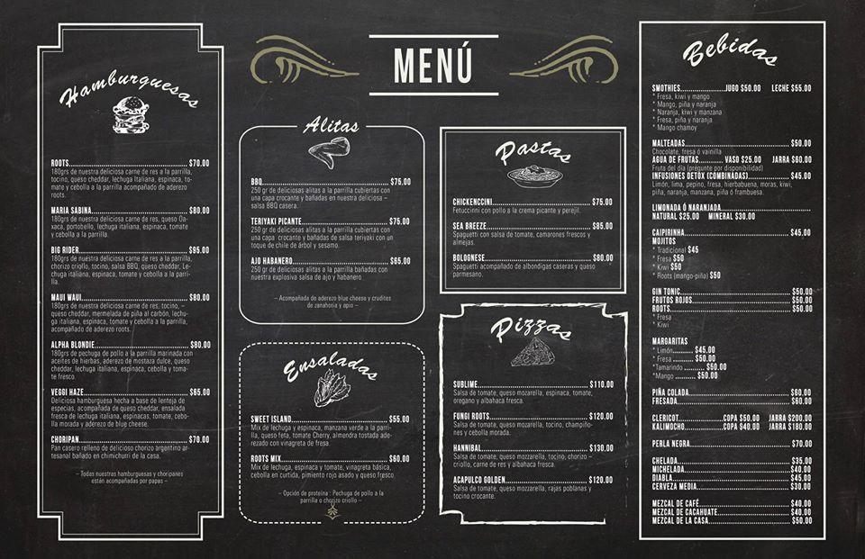 Menu at Roots Grill & Drinks restaurant, Brisas de Zicatela