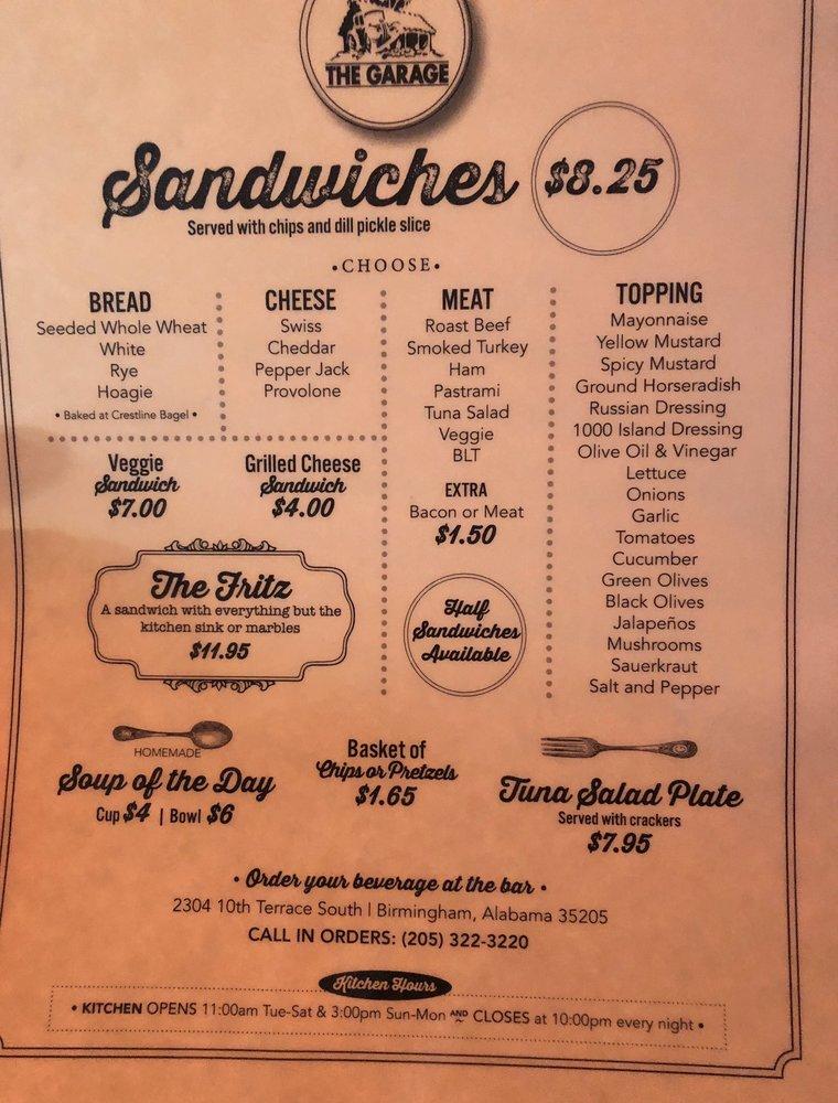 Menu at The Garage pub & bar, Birmingham