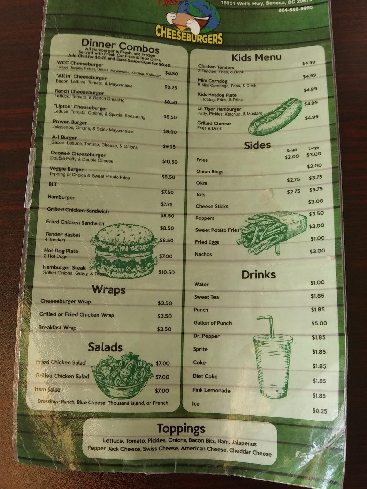 Menu at World Class Cheeseburgers restaurant, Seneca, 15951 Wells Hwy