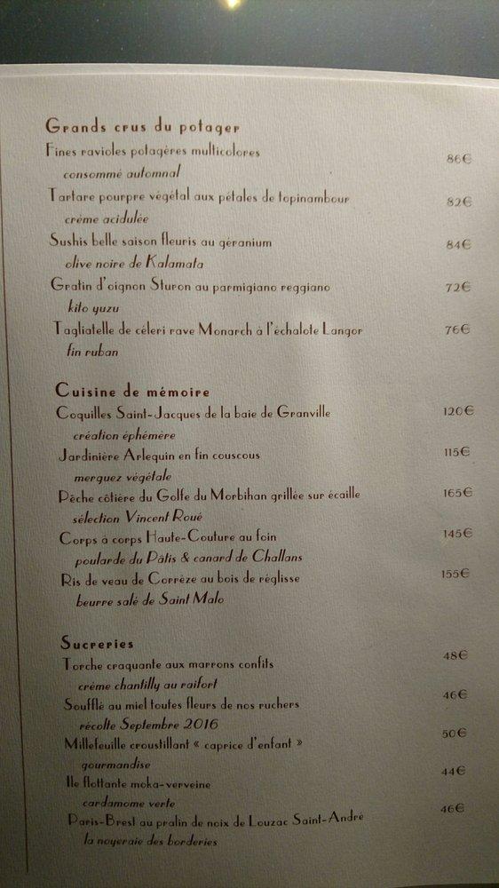 Menu at Arpège restaurant, Paris, 84 Rue de Varenne
