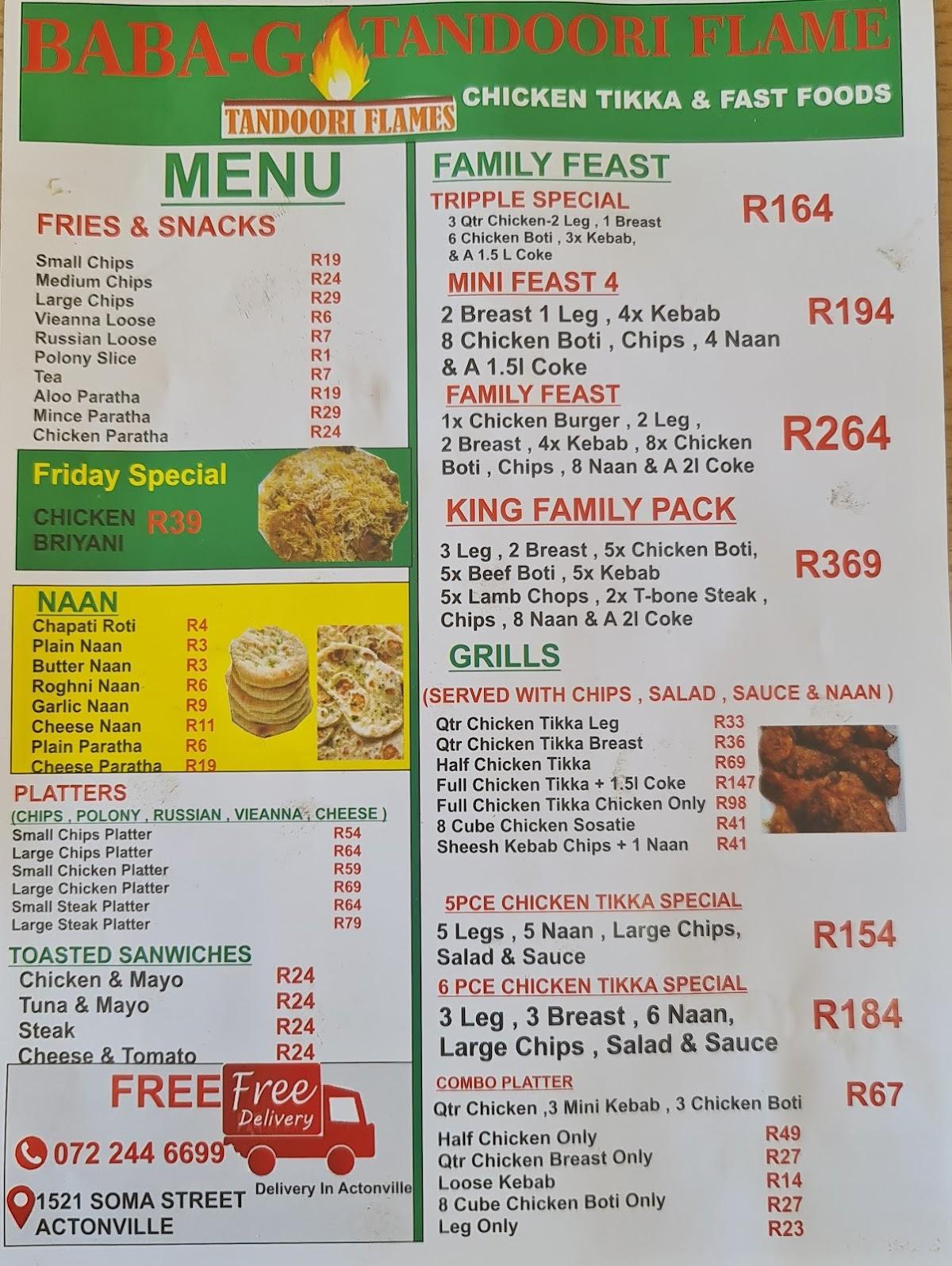 Menu au BABA-G TANDOORI FLAME, Benoni