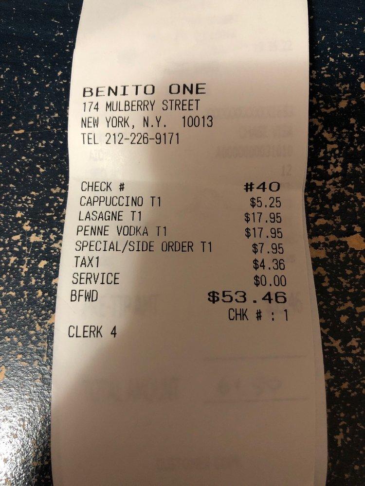 Carta del restaurante Benito One, Nueva York, 174 Mulberry St