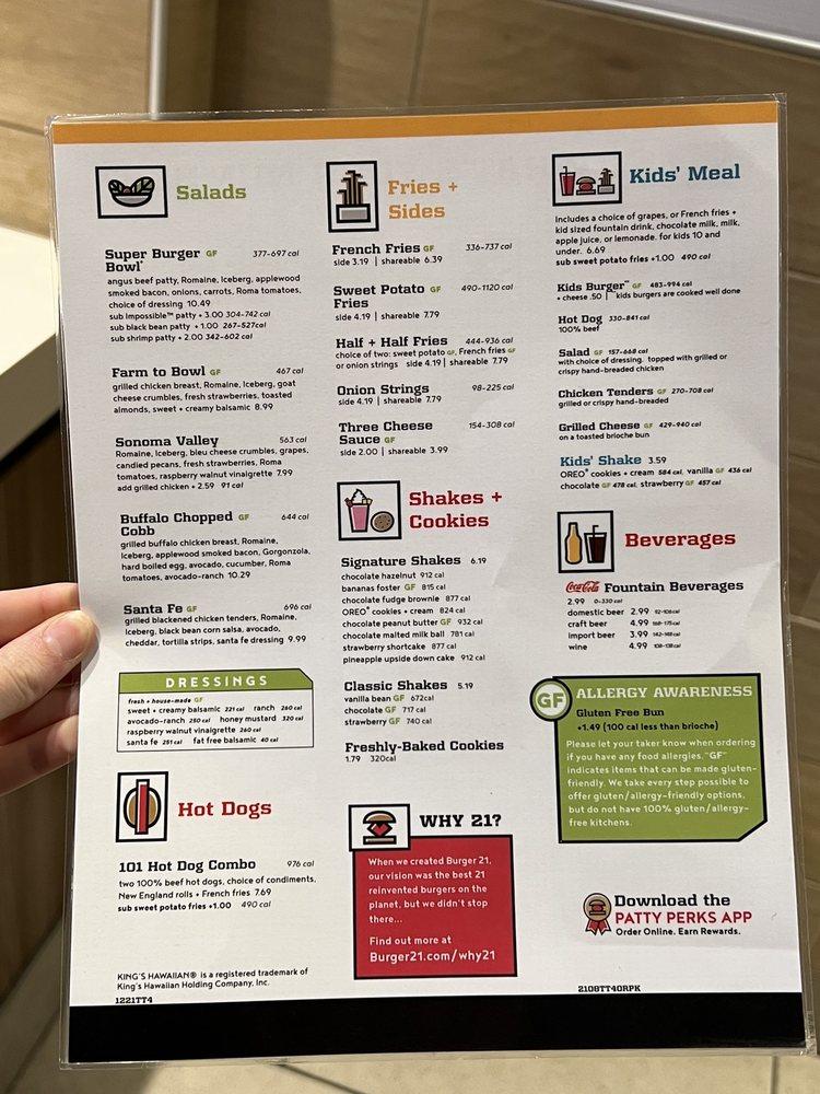 Menu at Burger 21 restaurant, Orland Park