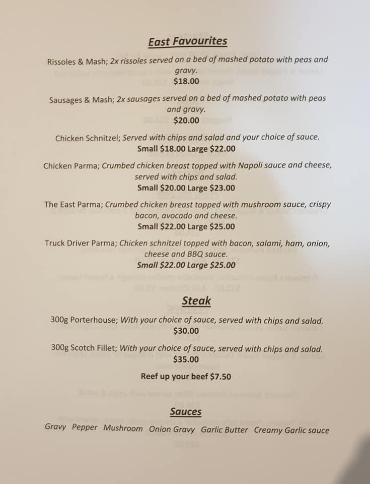 Menu at Colac East Hotel pub & bar, Colac East