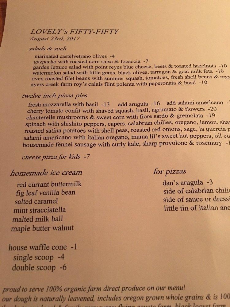 Menu at Lovely's Fifty Fifty pizzeria, Portland