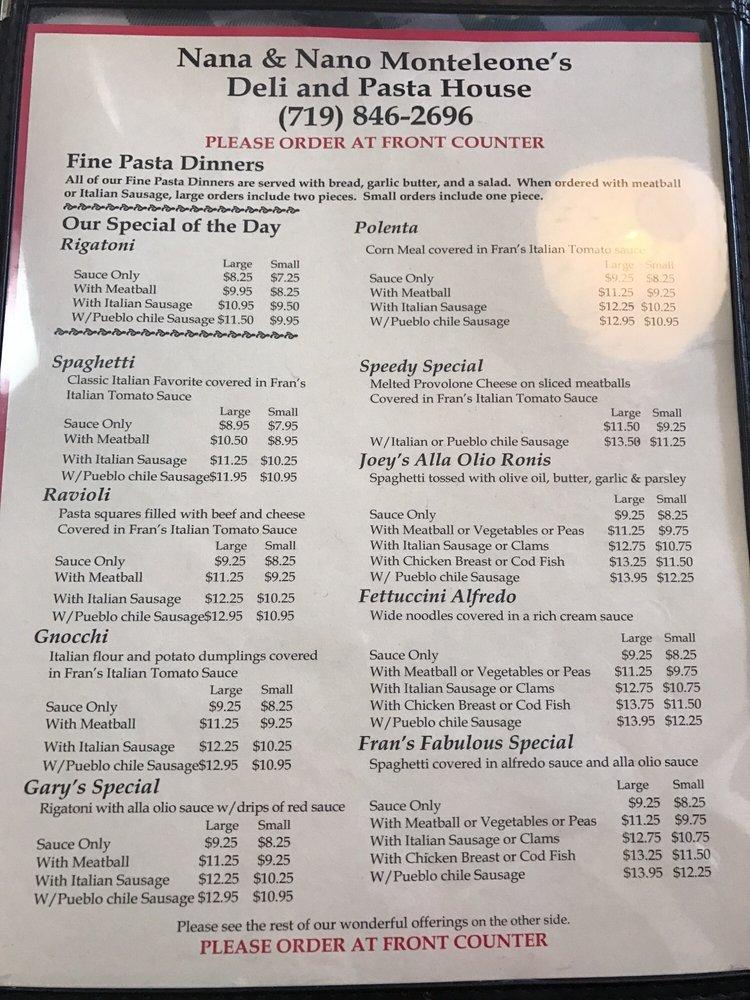 Menu at Nana & Nano's Pasta House restaurant, Trinidad