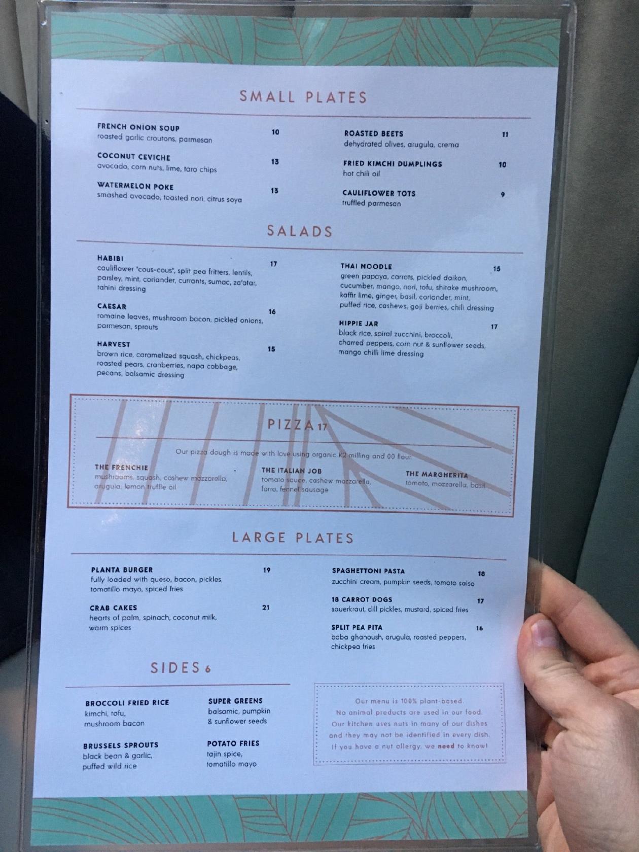 Menu au PLANTA restaurant, Toronto