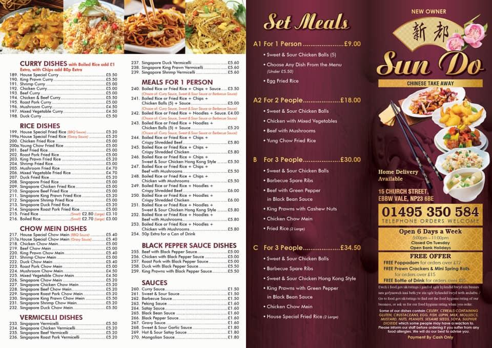 Menu at Sundo fast food, Ebbw Vale