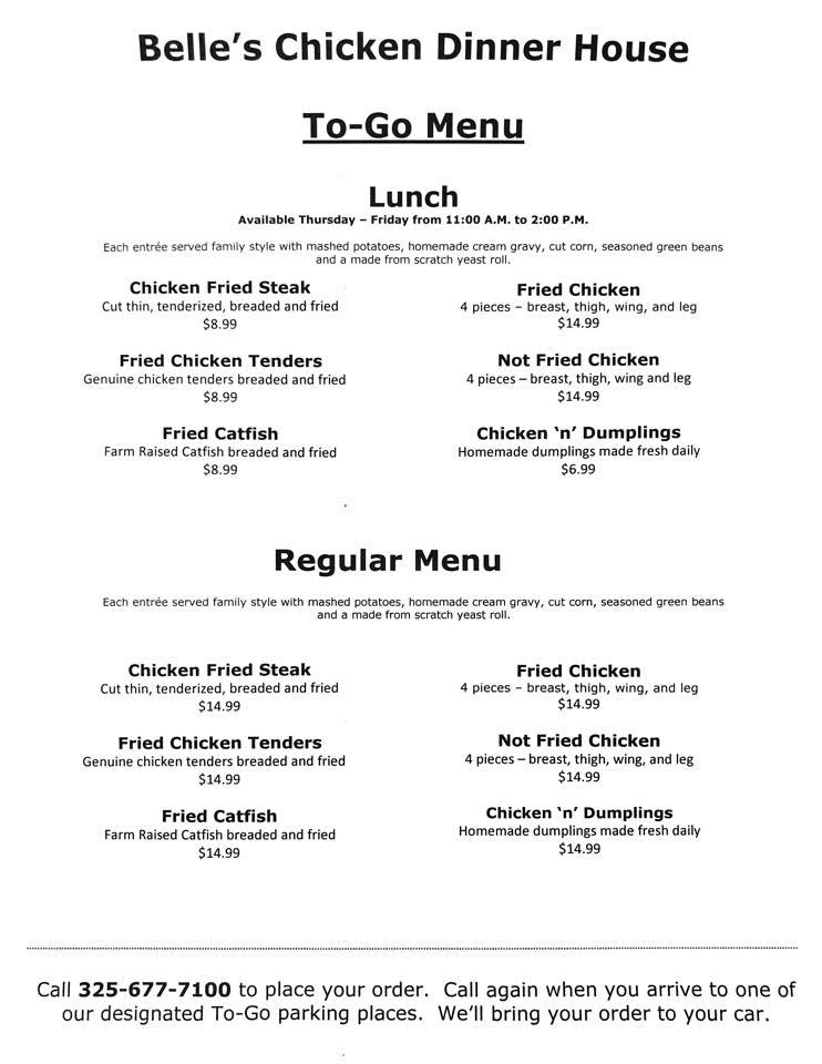 Menu at Belle's Chicken Dinner House restaurant, Abilene