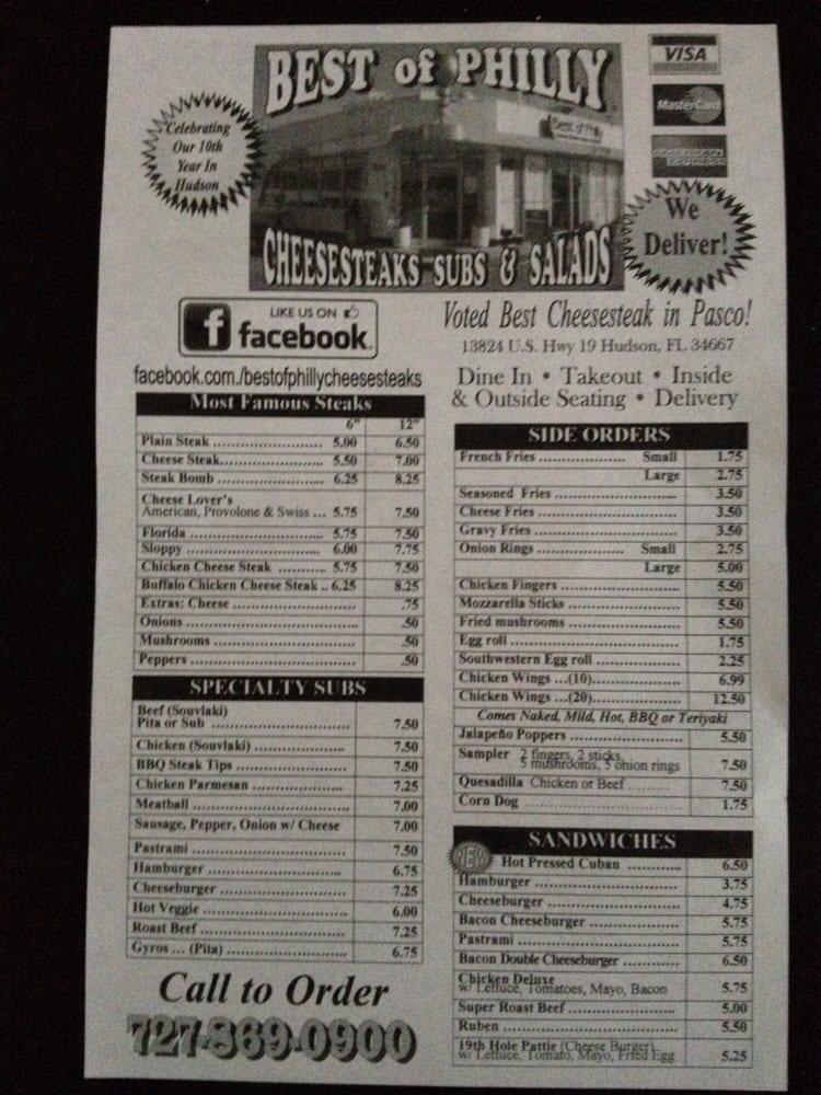 Menu at Best of Philly Cheesesteak restaurant, Hudson