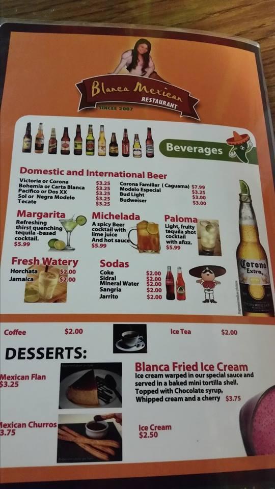Menu at Blanca Mexican restaurant, St. Louis