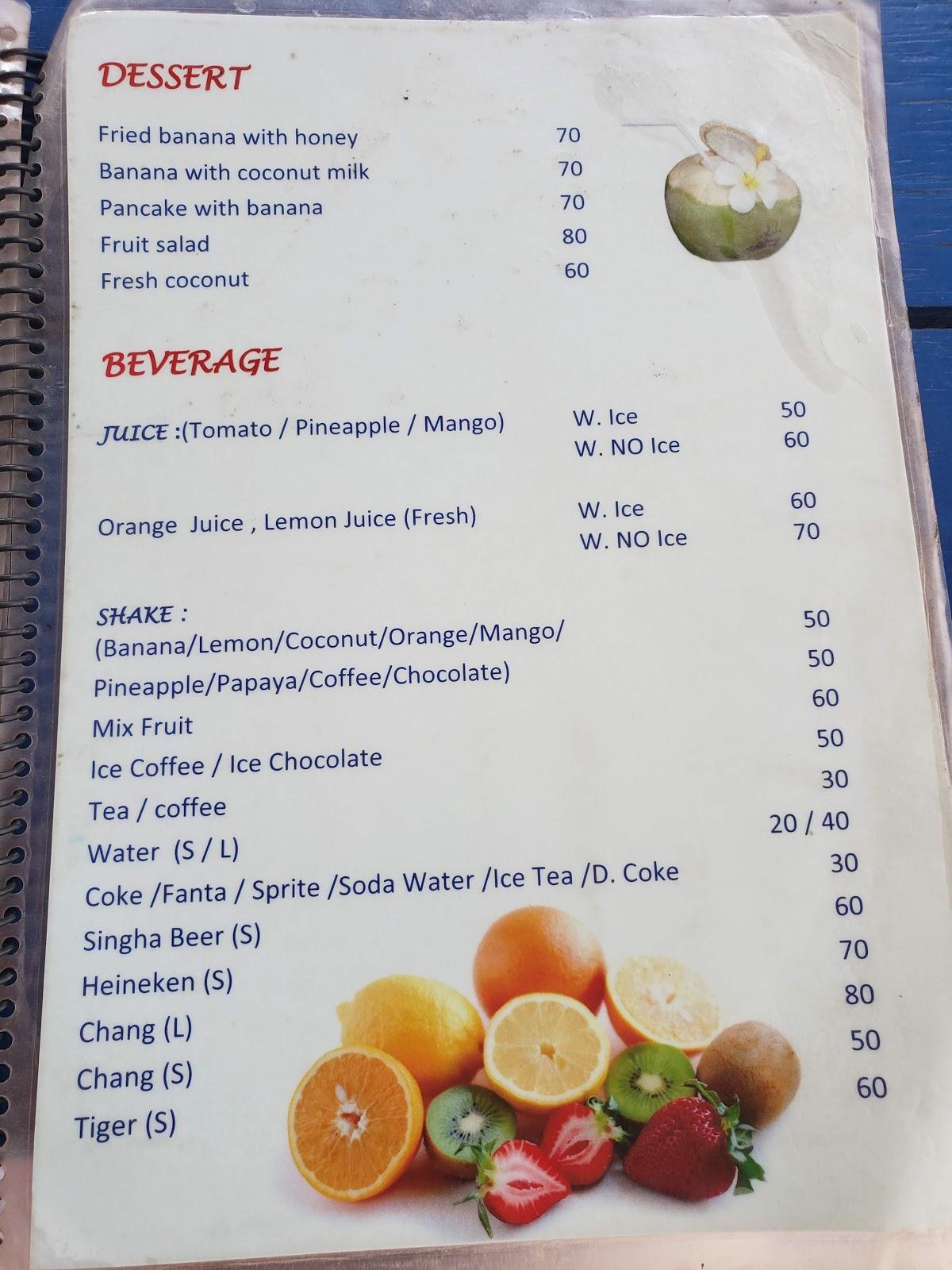 Menu at Blue Chair restaurant, Ko Tao