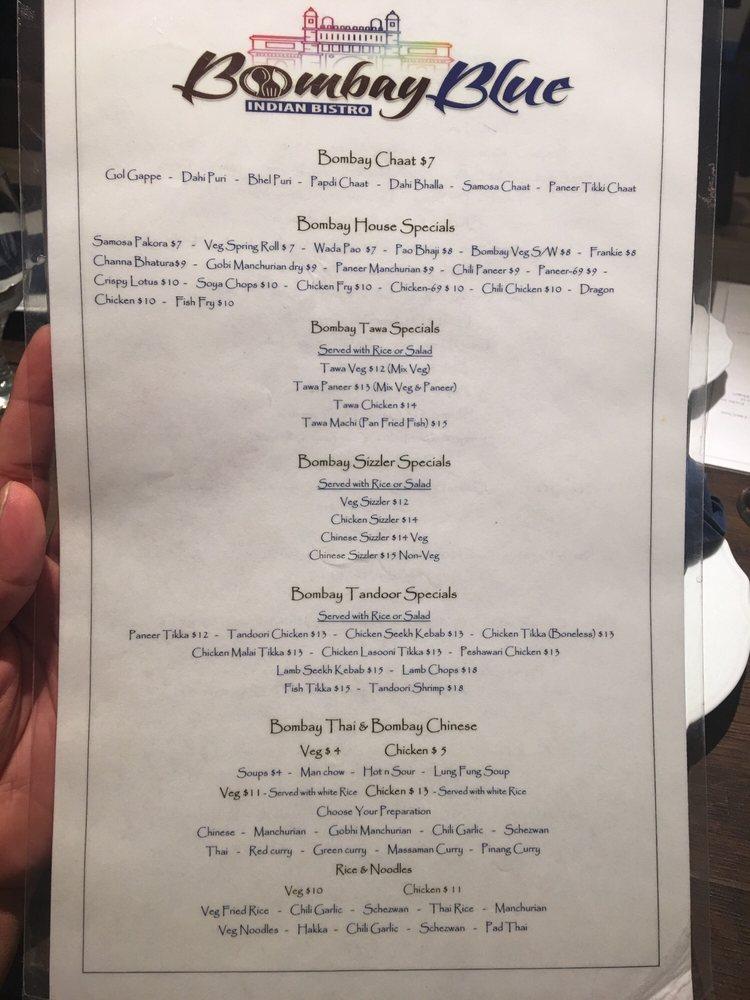 Menu at Bombay Blue restaurant, Edison