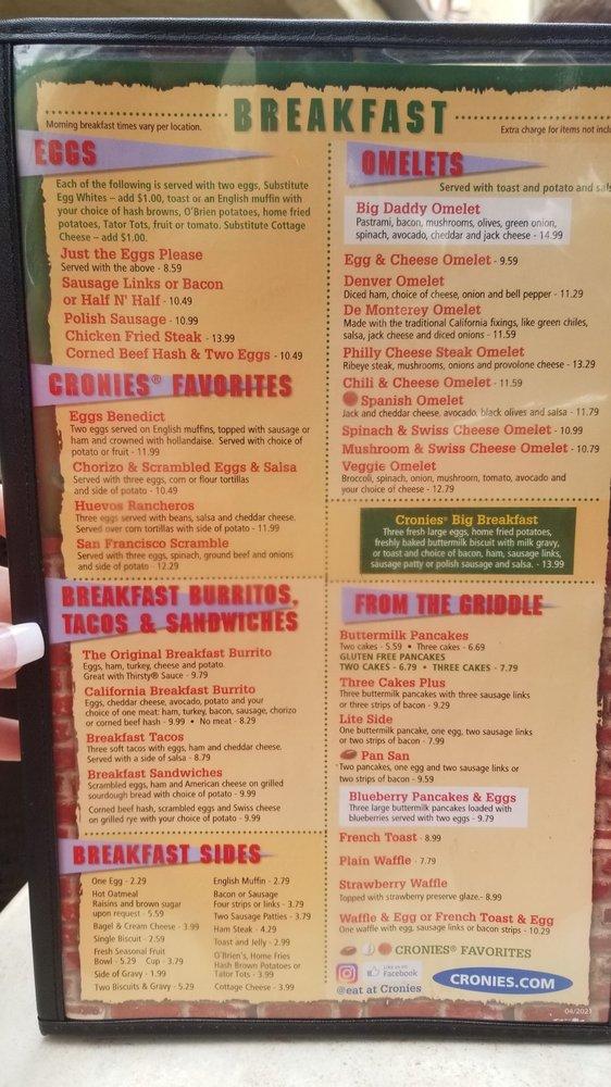 Menu at Cronies Sports Grill pub & bar, Camarillo