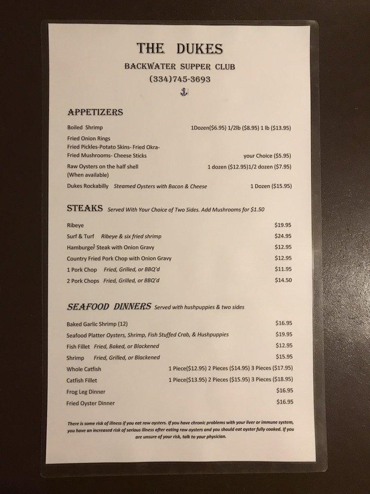 Menu at Dukes Backwater Supper Club, Valley, Lee County 380