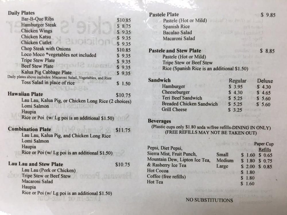 Menu at Jackie's Diner restaurant, Aiea