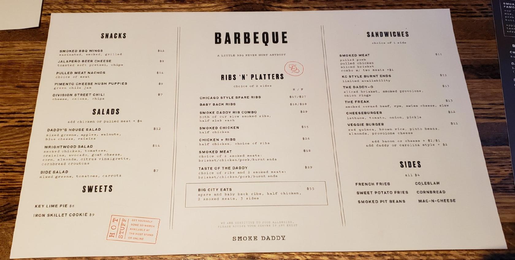 Menu at Smoke Daddy BBQ - Wrigleyville, Chicago, N Clark St