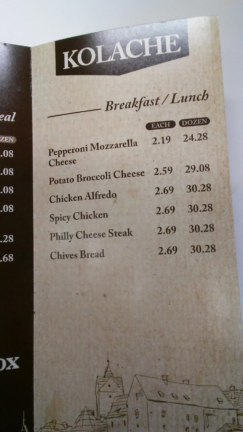 Menu at The Kolache Box - European Bakery, Carrollton