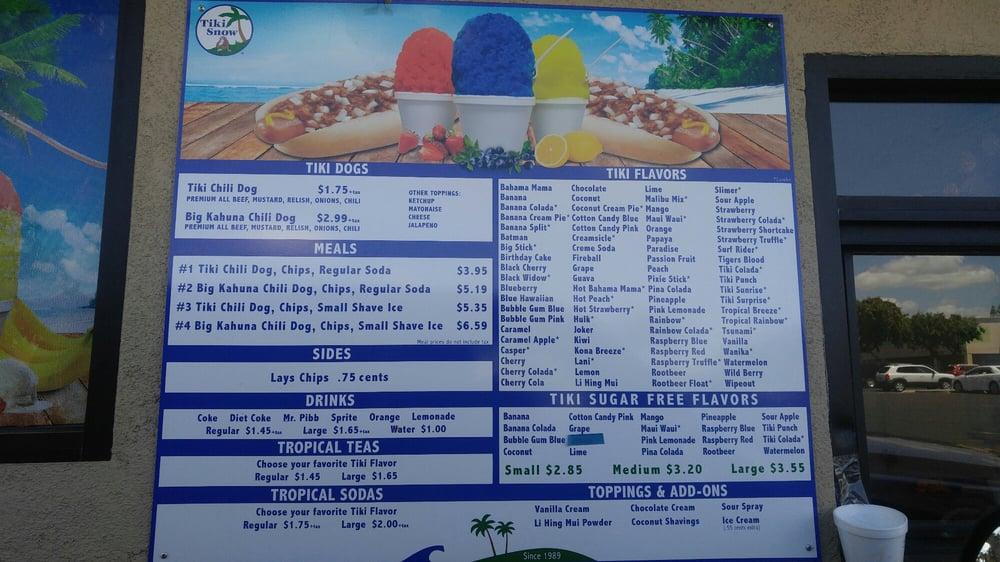 Menu at Tiki Snow restaurant, Visalia