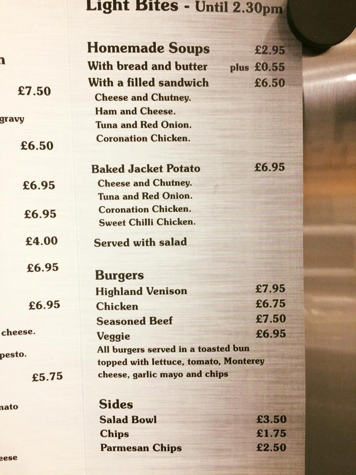 Menu at Antlers Cafe, Newtonmore