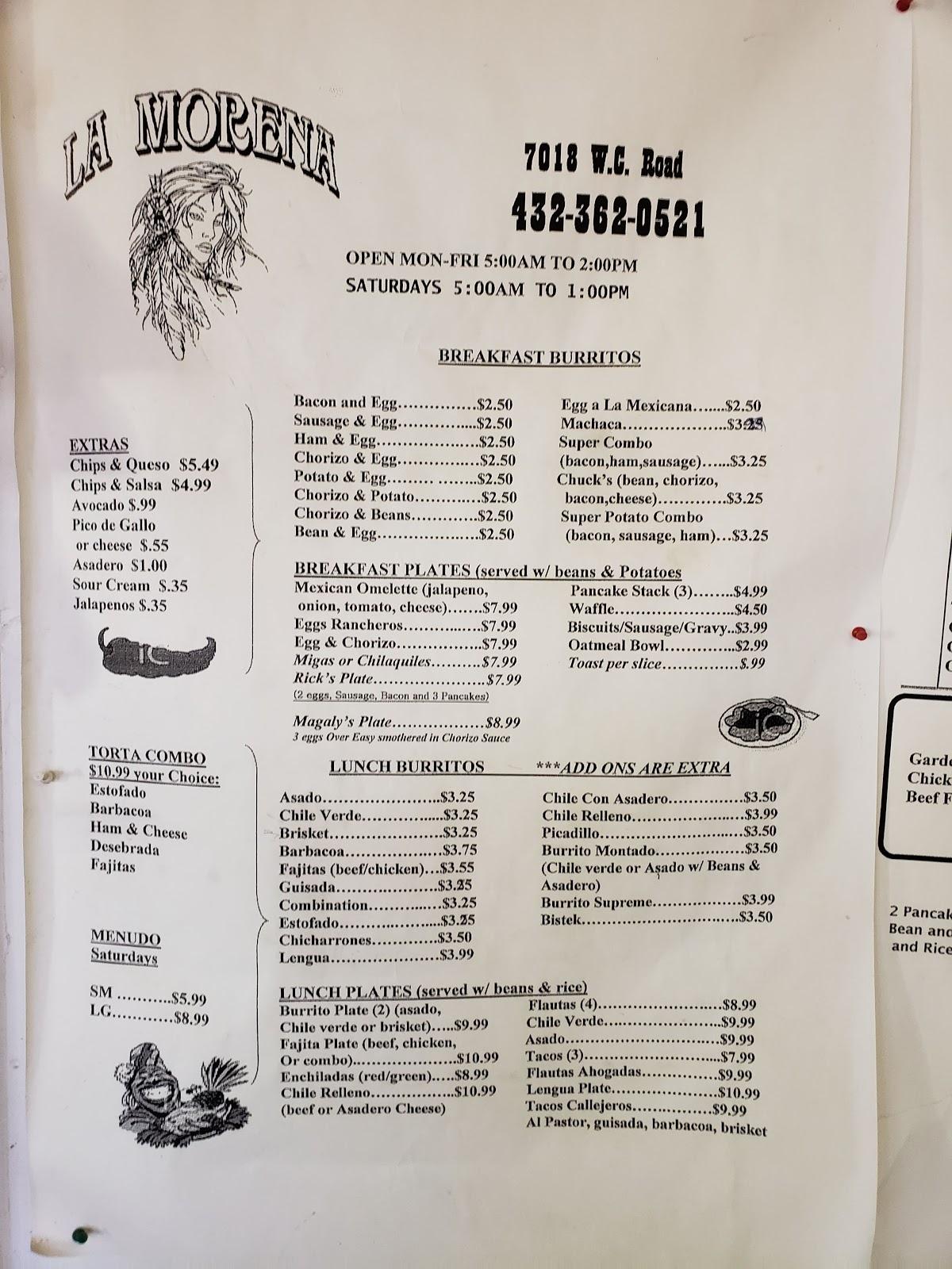 Menu at La Morena restaurant, Odessa, N County Rd W