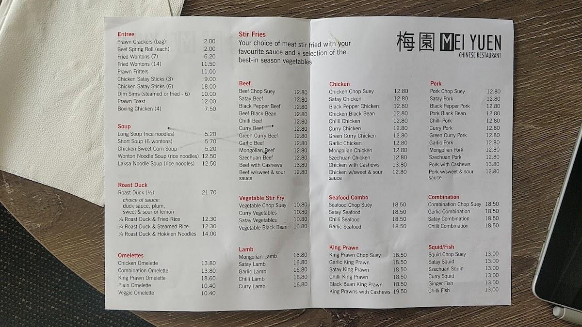 Menu at Mei Yuen Chinese Restaurant, Kalgoorlie