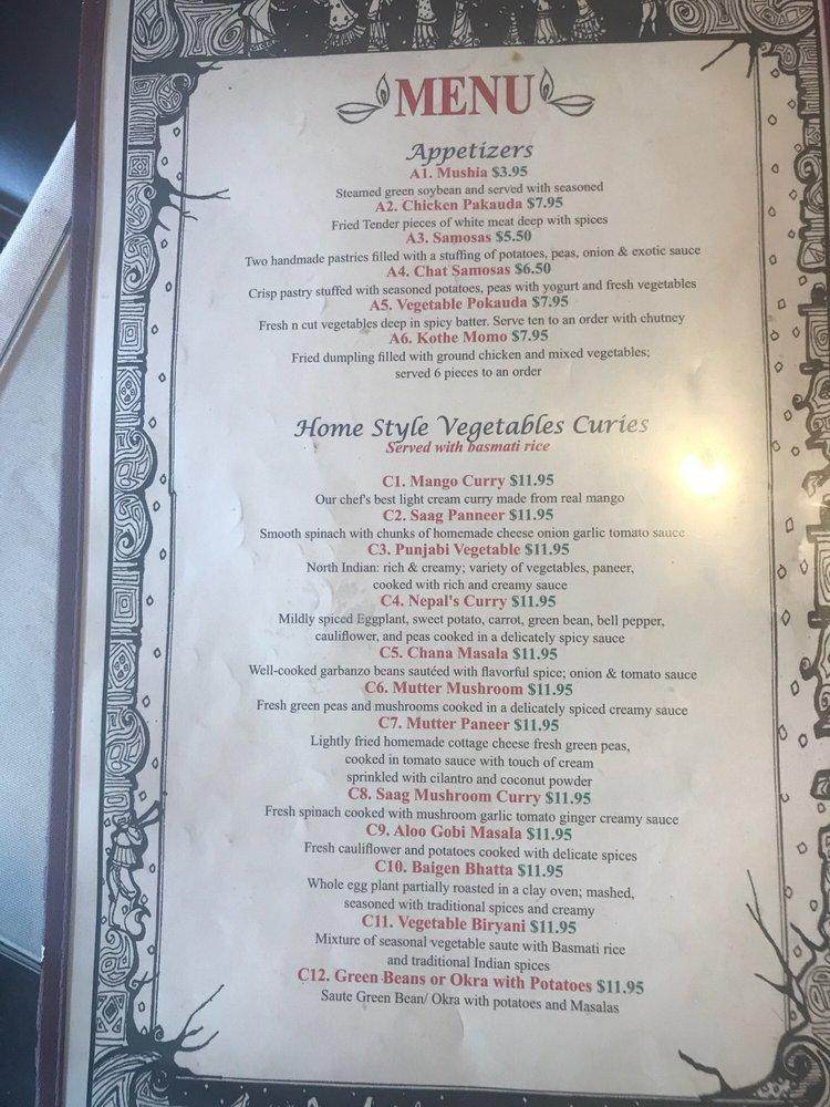Menu at Nepal's Cafe, Estes Park