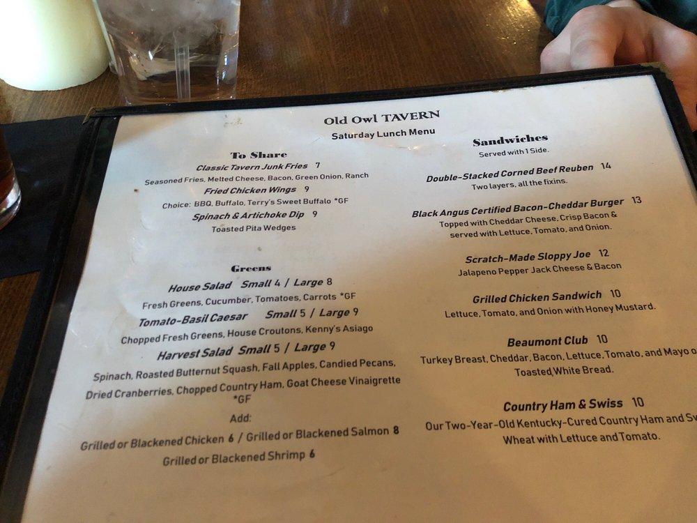 Menu at Old Owl Tavern pub & bar, Harrodsburg
