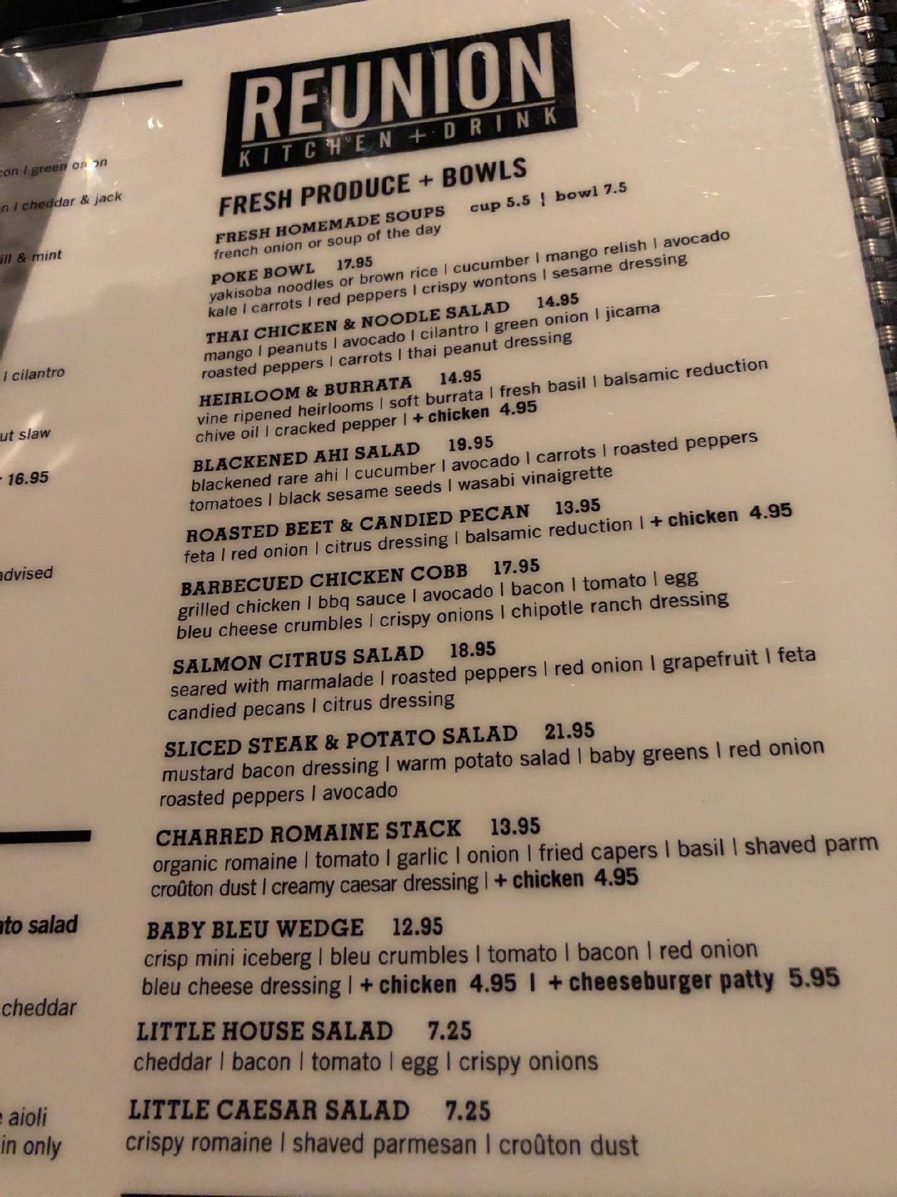 Menu at Reunion Kitchen + Drink pub & bar, Laguna Beach