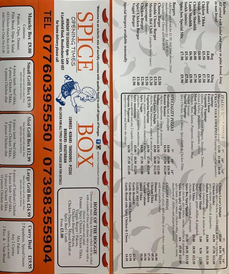 Menu at Spice box fast food, Glasgow, 6 Larchfield road