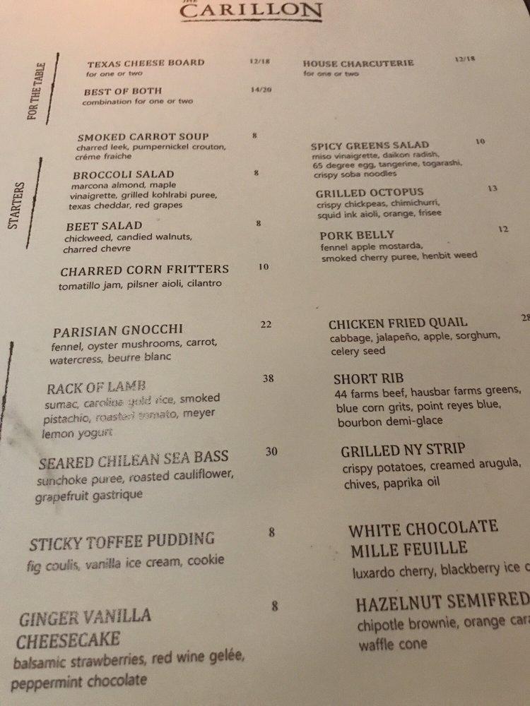 Menu at The Carillon restaurant, Austin
