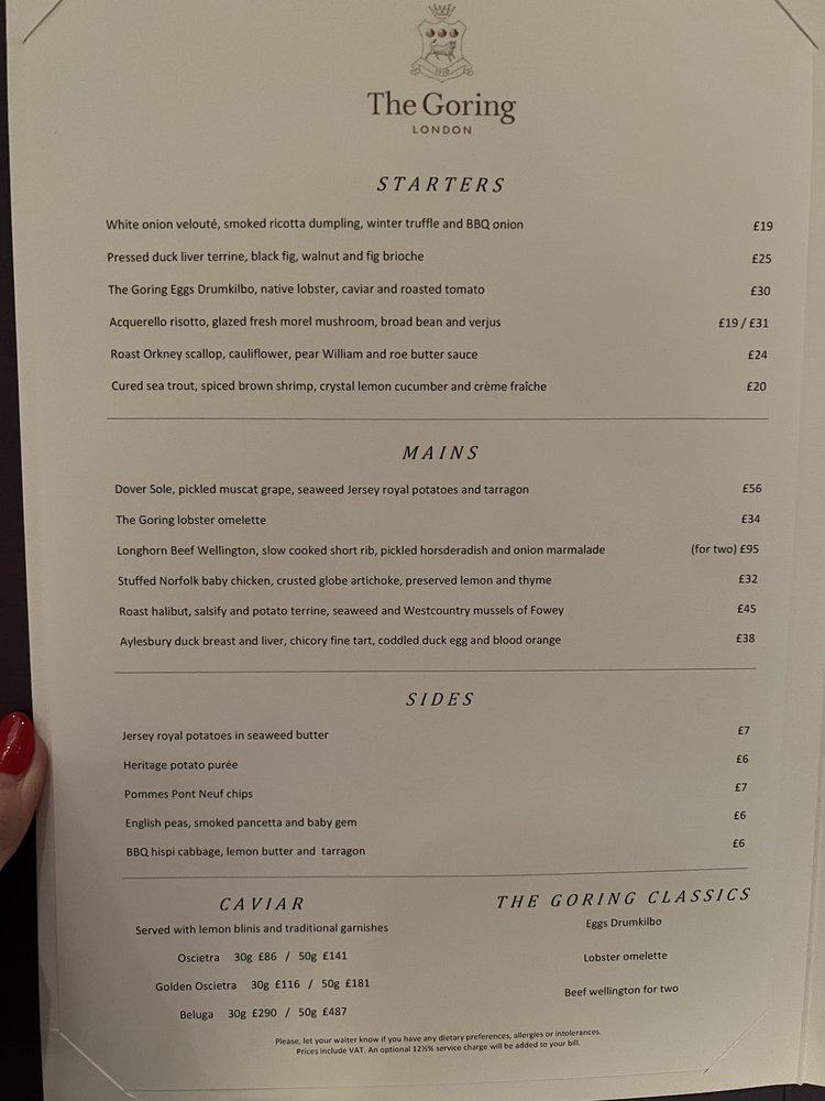 Menu at The Goring Dining Room restaurant, London