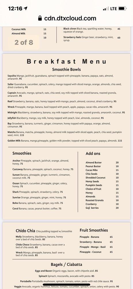 Menu at Anchor Cafe, Sayulita
