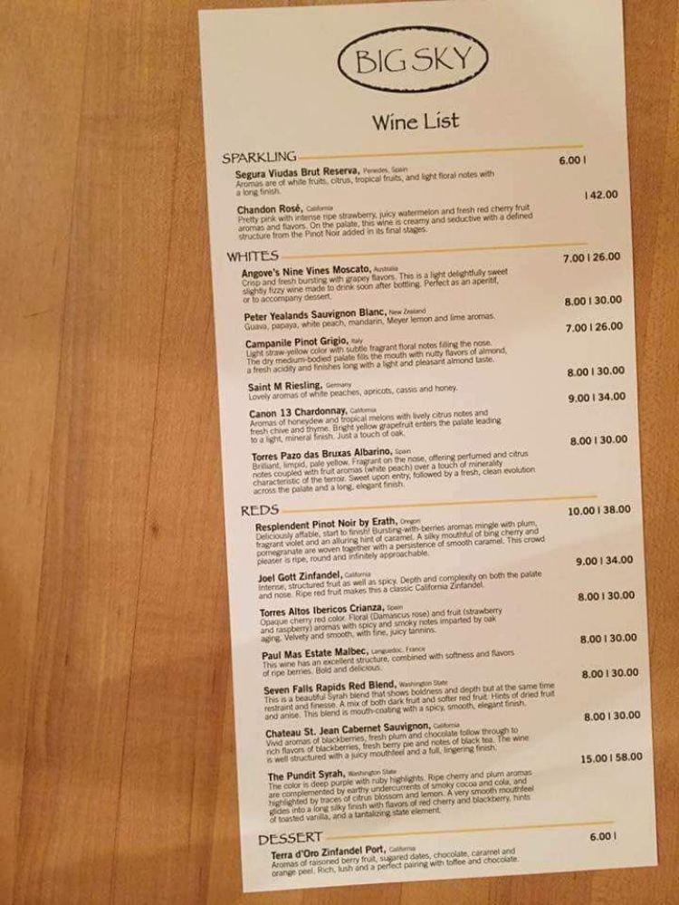 Menu at Big Sky Restaurant, Stoughton