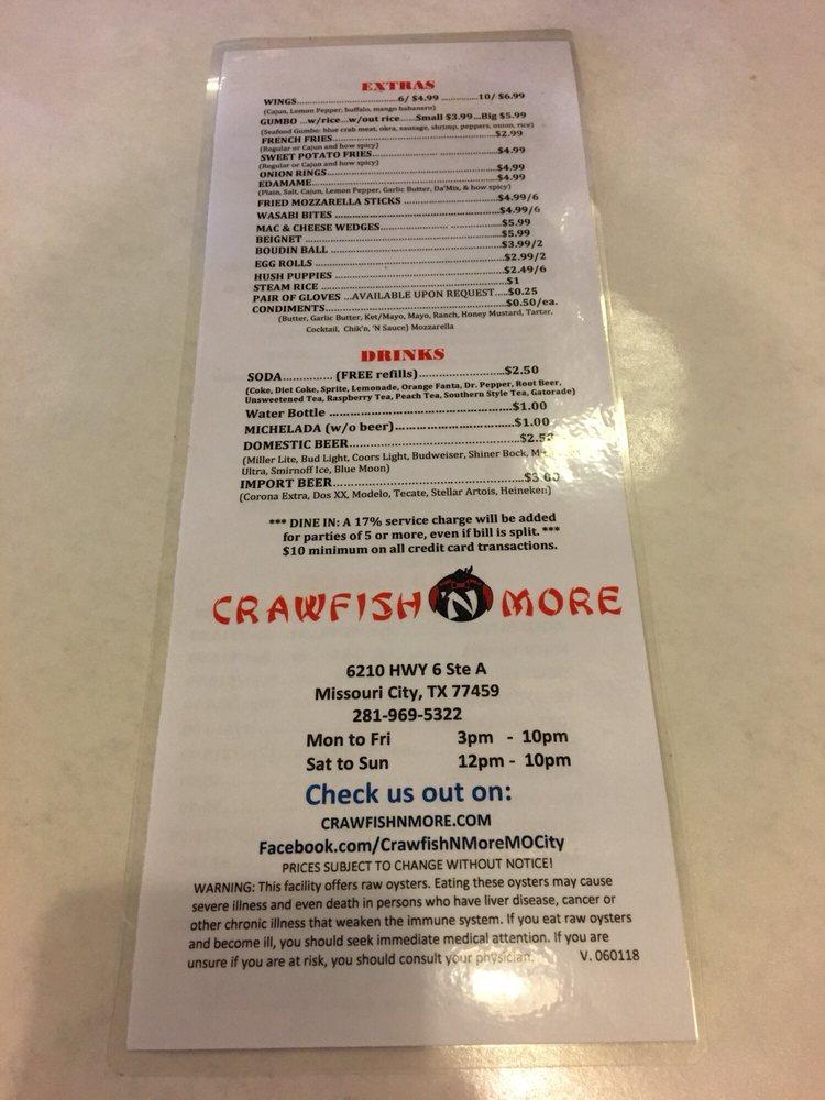 Menu at Crawfish N More restaurant, Missouri City, Hwy 6 A