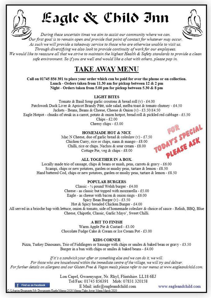 Menu at Eagle & Child Inn pub & bar, Gwaenysgor