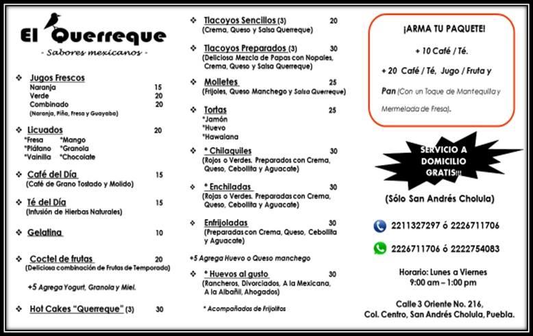 Carta del restaurante El Querreque, Cholula, Calle 3 Oriente 216 Col. Centro