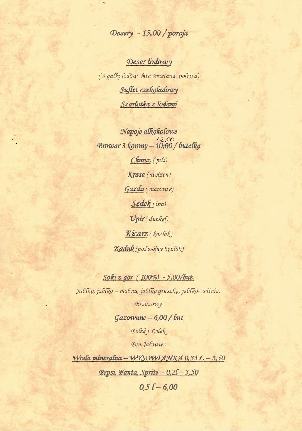 Menu at Hotel "Jan", Szlachtowa