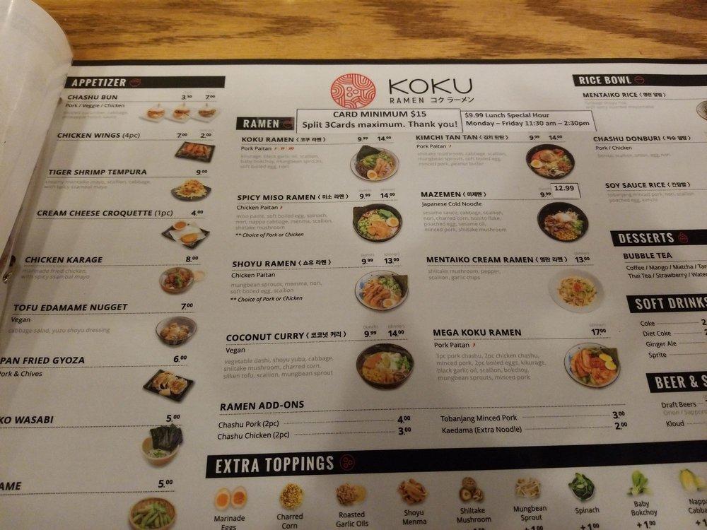 Menu at KOKU RAMEN restaurant, West New York