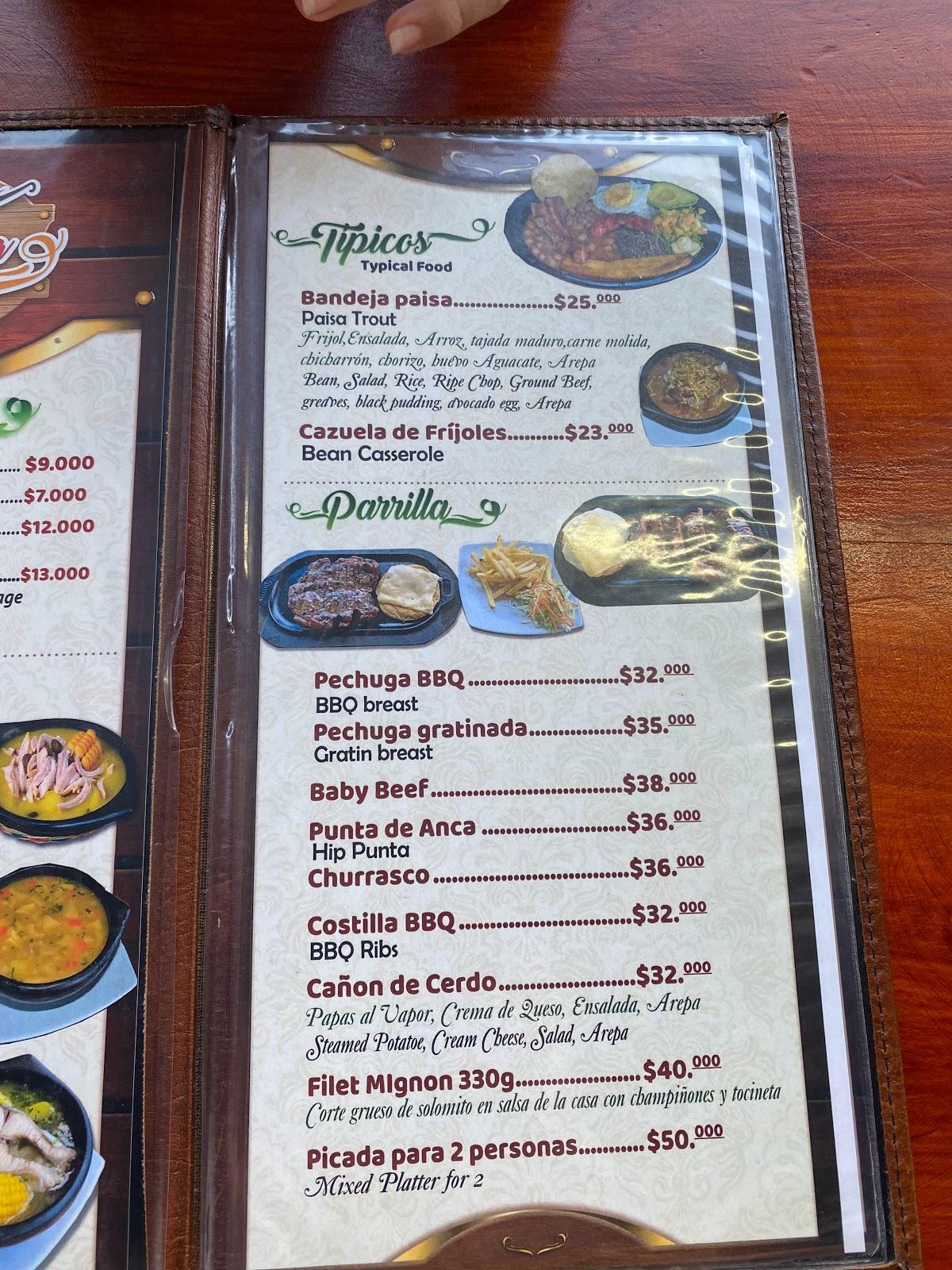 Carta del restaurante La Bahia, Guatapé