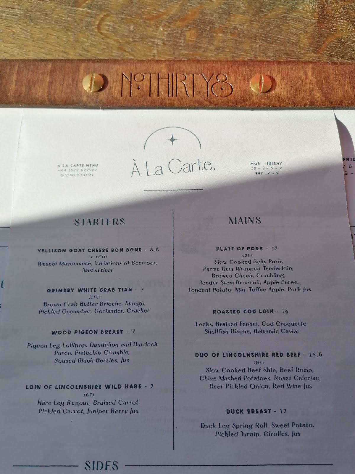 Menu at No. Thirty 8 restaurant, Lincoln