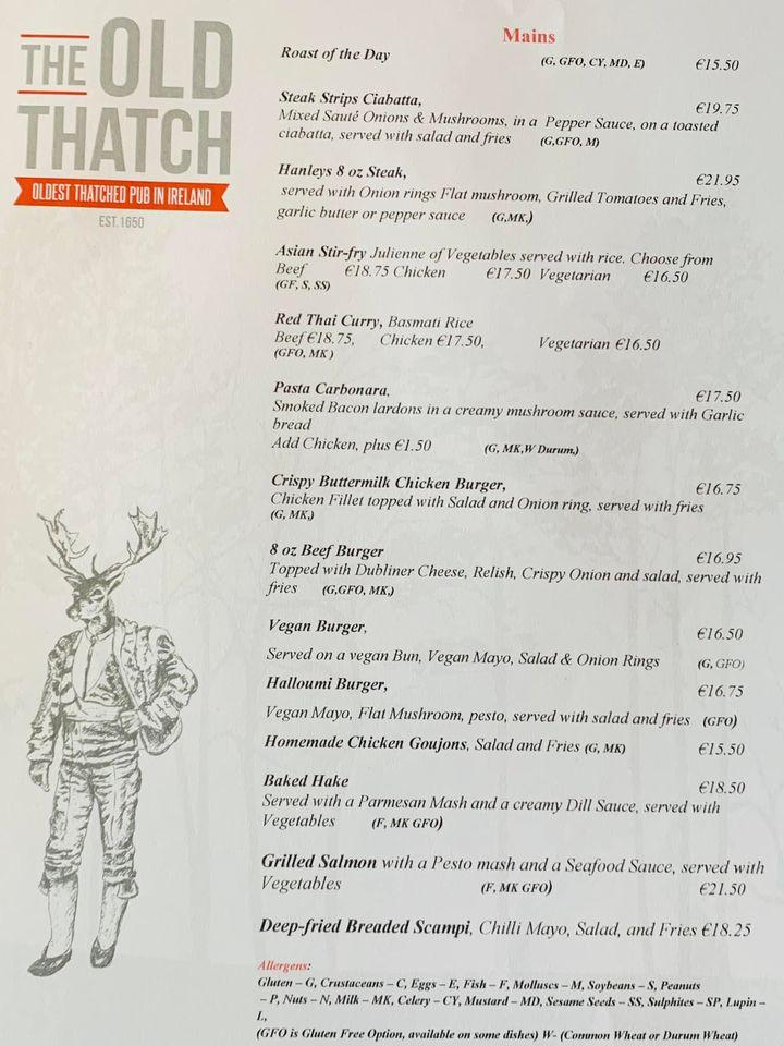 Carta de The Old Thatch Bar & Restaurant, Killeagh