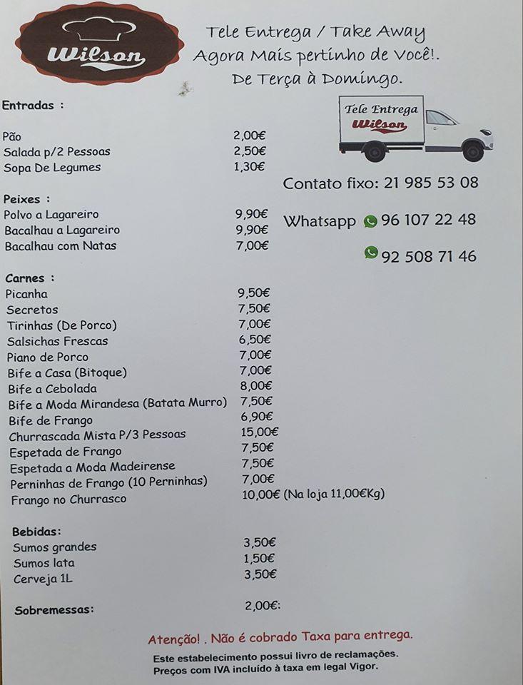 Menu em Wilson restaurante, Milharado