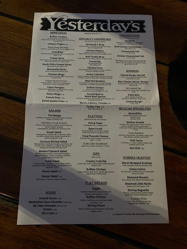 Menu at Yesterday's Creekside Tavern pub & bar, Marmora