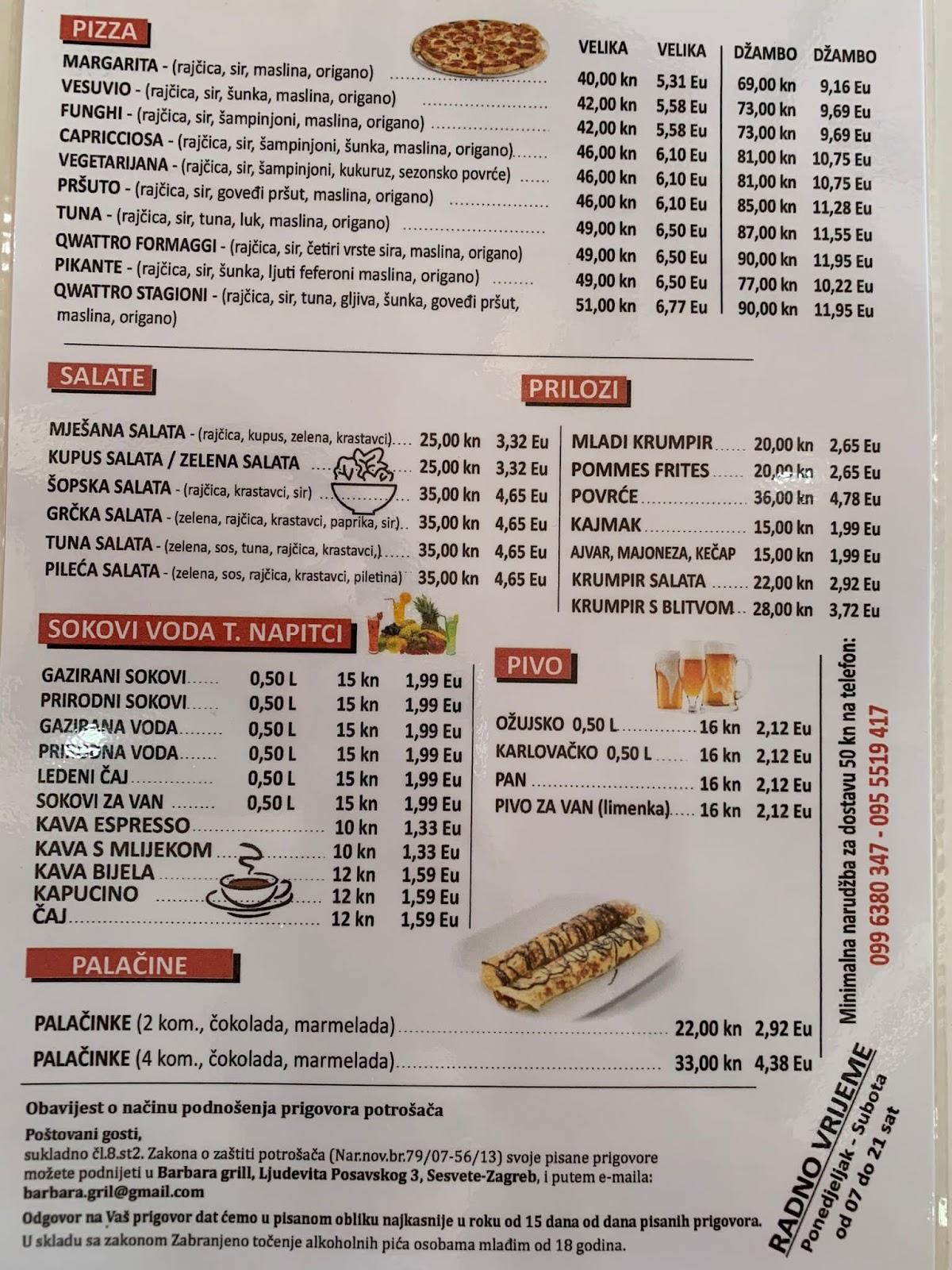 Menu at Barbara Grill, Sesvete