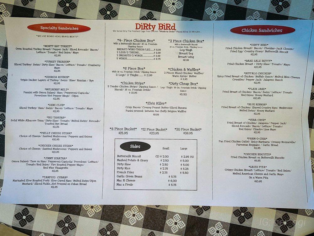 Menu at Dirty Bird restaurant, Morgantown